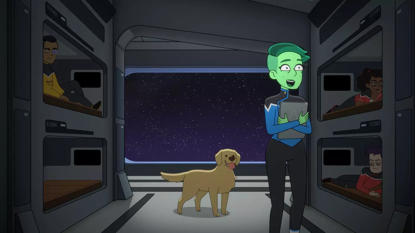 En Ersatzkapitän, en Hond an en Transporter Accident Walk Into an Episode - Star Trek: Lower Decks: 
