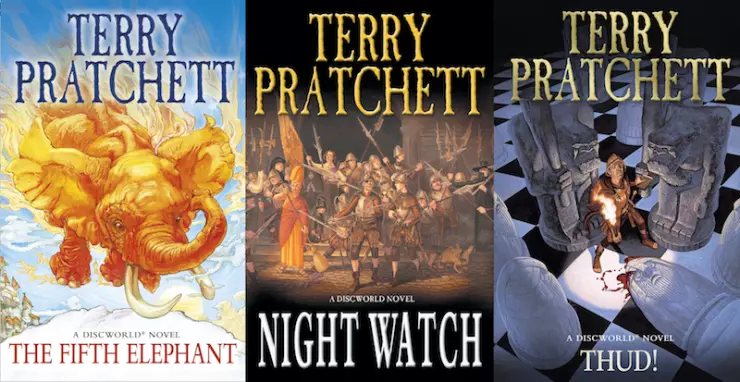 Discworld örtükləri, Beşinci Fil, Thud, Gecə Gözətçisi, Terri Pratchett