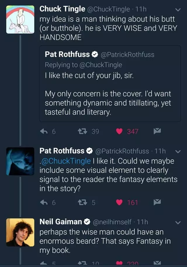 Ni akoko kan Patrick Rothfuss, Chuck Tingle, John Scalzi, ati Neil Gaiman ṣẹda Butt Eniyan Ọlọgbọn 14186_4