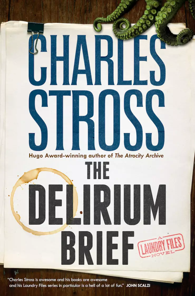 ការលាតត្រដាងគម្របសម្រាប់ឯកសារបោកគក់ថ្មីរបស់ Charles Stross រឿងប្រលោមលោក The Delirium Brief 21683_1