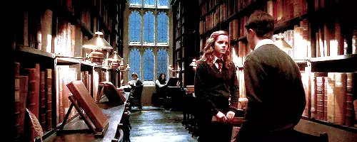 Harry och Hermione i Hogwarts bibliotek