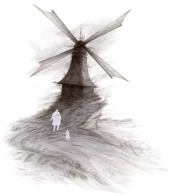 Rovina Cai Down Ntawm Sticks thiab Pob Txha illustration windmill