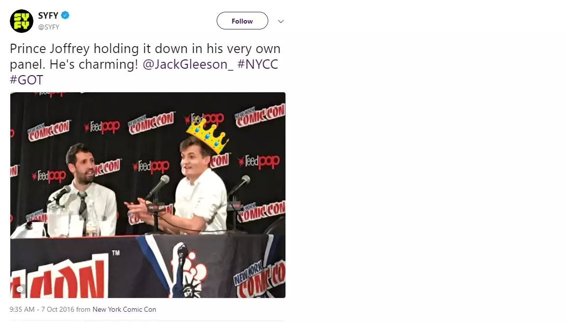 မဟုတ်ပါ၊ သူသည် လက်တွေ့ဘဝတွင် Joffrey-ပါးရိုက်ခံရခြင်းမဟုတ်ပါ - Jack Gleeson သည် ကျွန်ုပ်တို့အား NYCC တွင် စွဲဆောင်နေသည် 23026_1