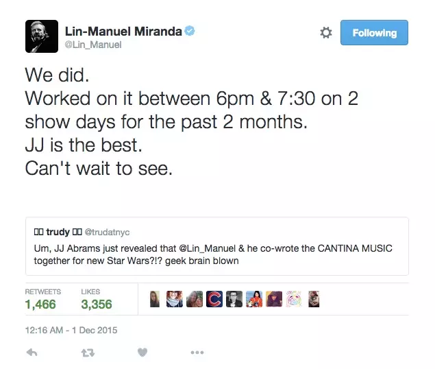 J.J. Abrams skreau The Force Awakens 'Cantina Music mei Hamilton's Lin-Manuel Miranda 25976_1