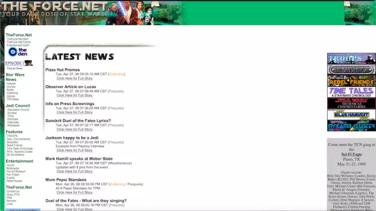 Snimka zaslona TheForce.net iz travnja 1999